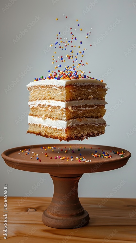 Realistic levitation photography of a layer cake on a clay dish ...