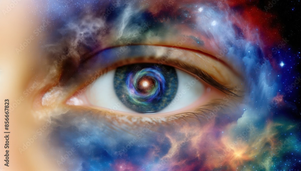 human element with the vastness of the universe, depicting a human eye ...