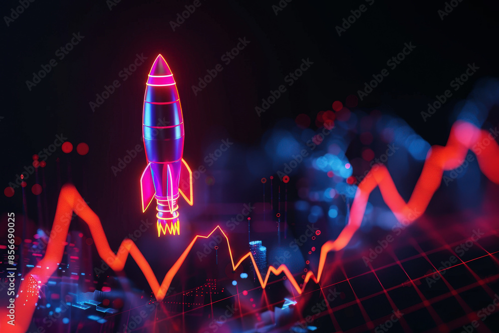 Rocket flying upwards with a stock chart and growing lines in the ...