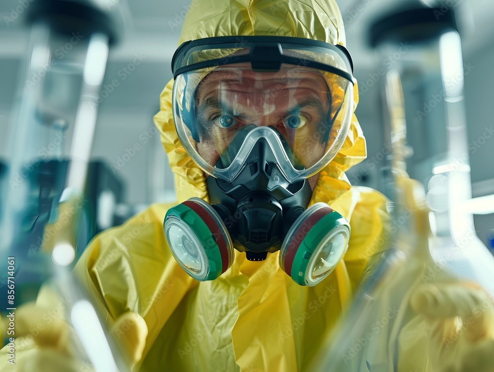 Professional in PPE suit handling toxic substances with caution ...
