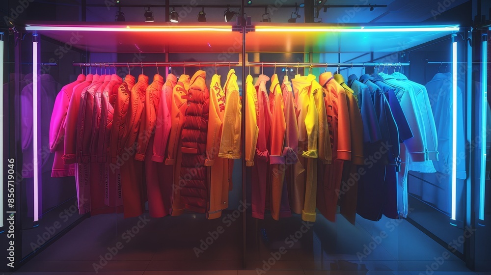 Fashion rack bursting with colors, illuminated by neon lights, creating ...