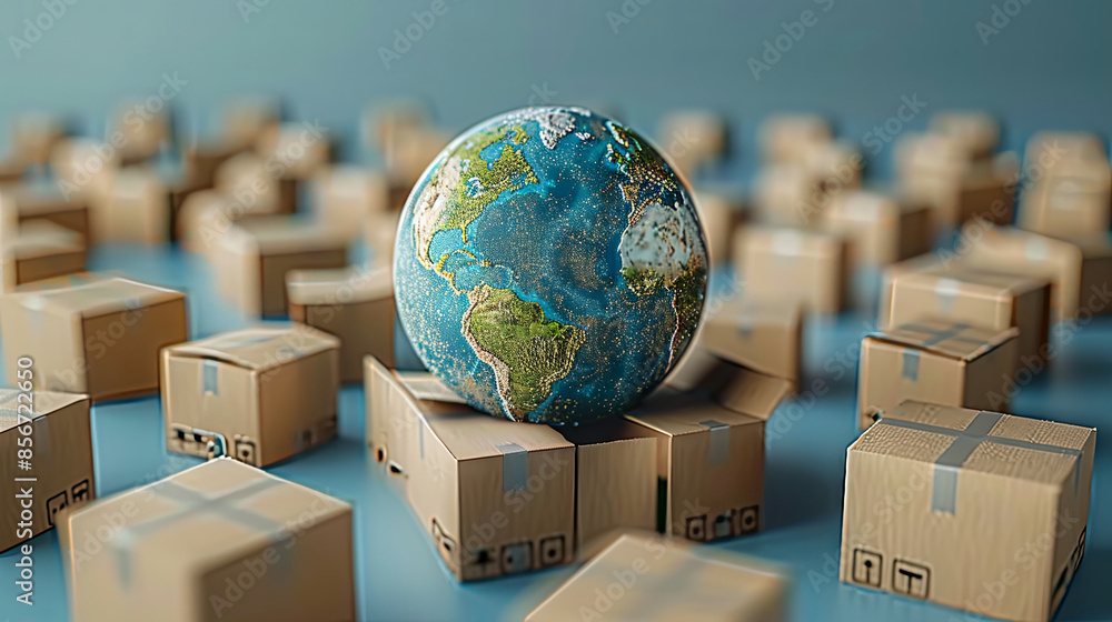 Earth world map surrounded by cardboard, The concept of parcel delivery ...