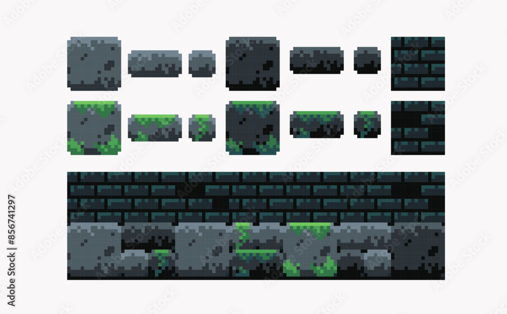 Stone platform pixel art set. Brick walls and floor collection. Square ...