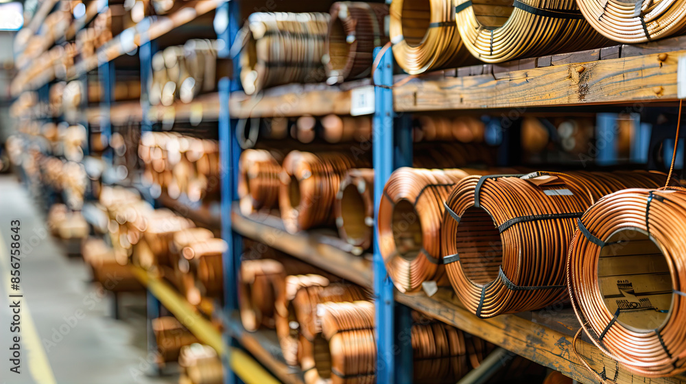 Coiled copper wires neatly stored on shelves in an industrial warehouse ...