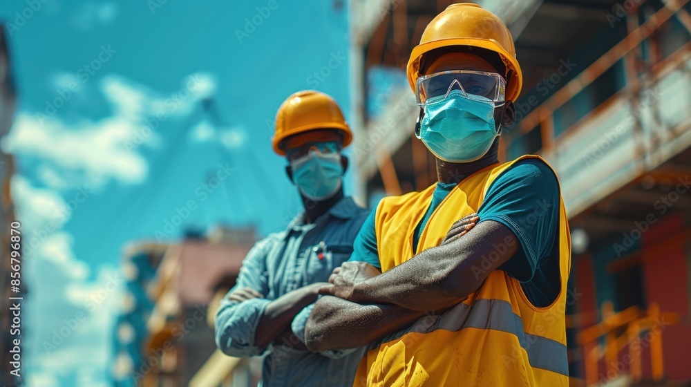 Hard hats and reflective vests donned, face masks secured, two ...