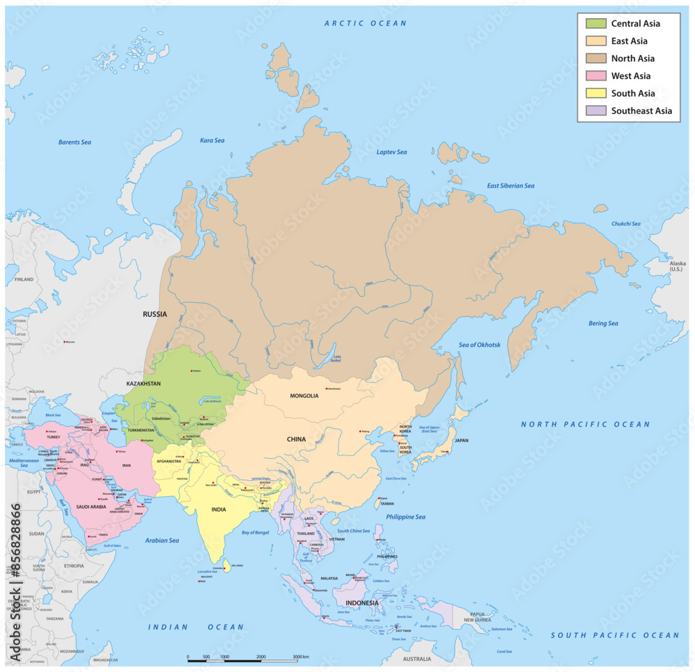 Administrative vector map of Asia divided into the six main regions ...