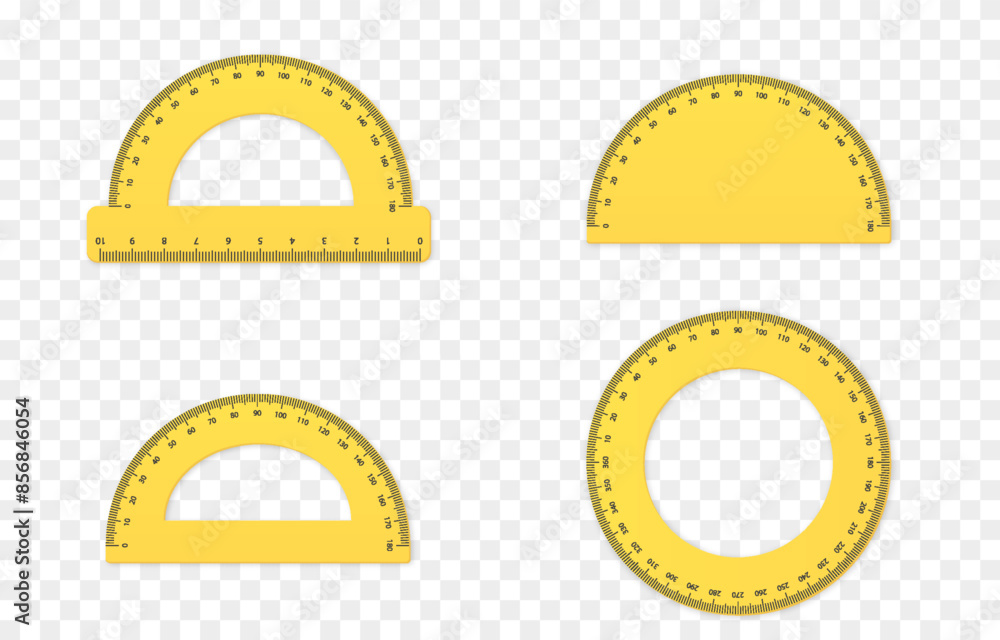 Set of realistic vector protractors png. Yellow protractor. Various types of protractors. School ...