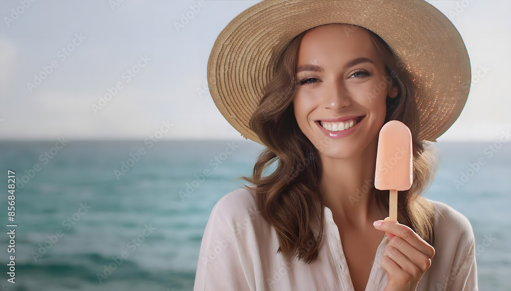 frau, model, mit, eis, creme, am, strand, model, hut, Strohhut, haltend ...