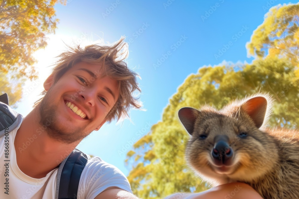 Smiling Selfie with a Quokka Low angle view of a young man taking a ...
