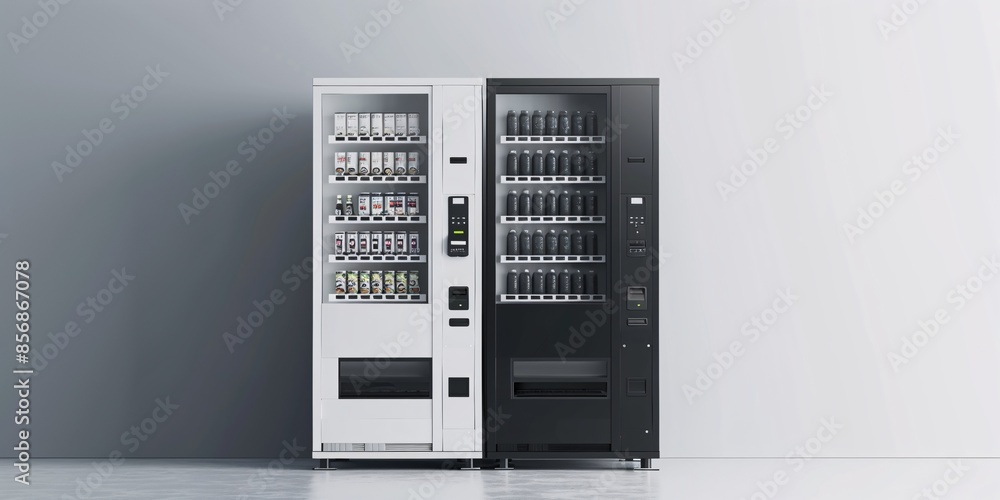 Monochromatic vending machine with snacks and beverages, displaying an ...