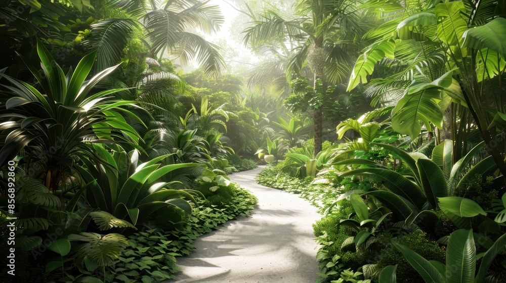 Lush tropical rainforest pathway, characterized by a diverse array of ...