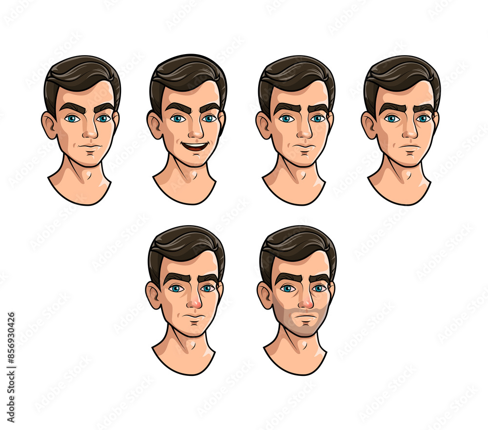 Six faces. Head with neck. Men have different emotions. Character for ...