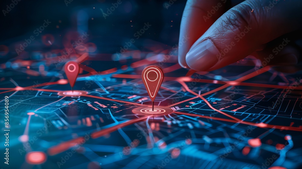 A digital hand places two pins on a map, highlighting AI technology in ...