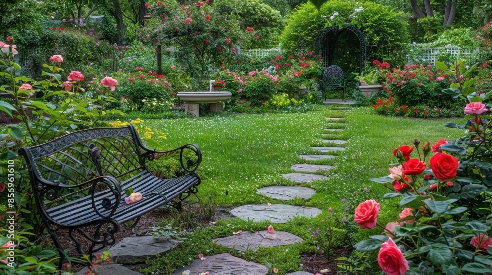 Idyllic rose garden with winding stone pathways, a wrought iron bench ...