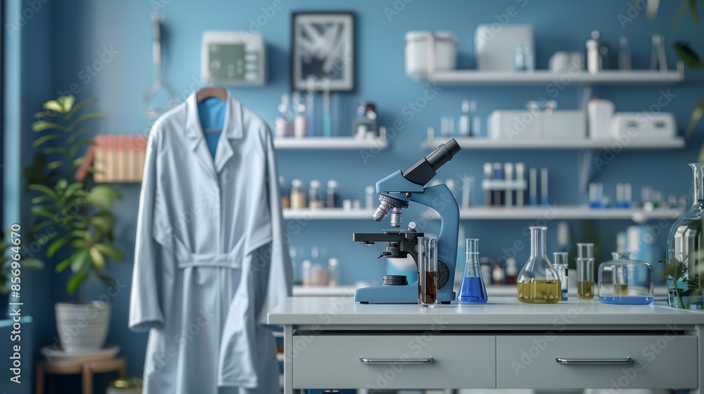 lab bench with microscope and blue lab coat hanging on a chair, ideal ...
