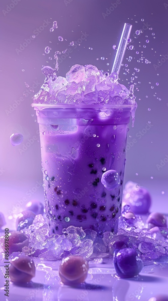 Realistic levitation photography of taro bubble tea in a clear glass ...