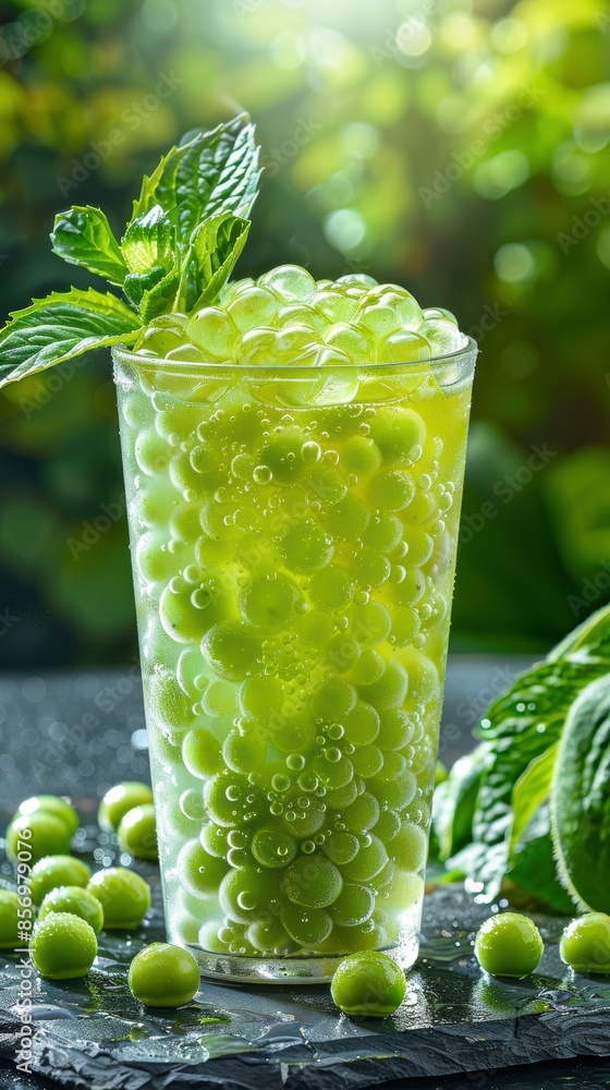 Realistic levitation photography of honeydew bubble tea in a clear glass, floating in a white ...