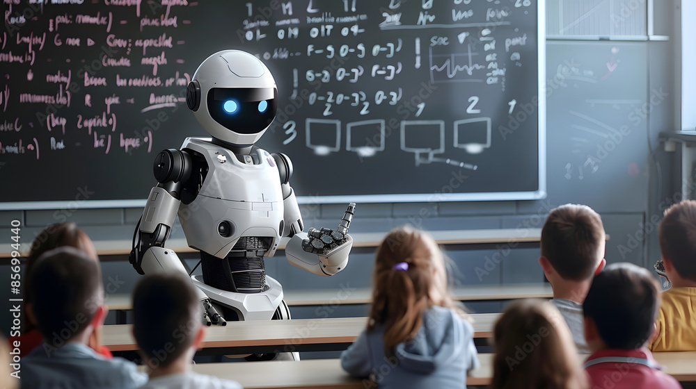 robotic AI teacher stands at the front of classroom, engaging with ...