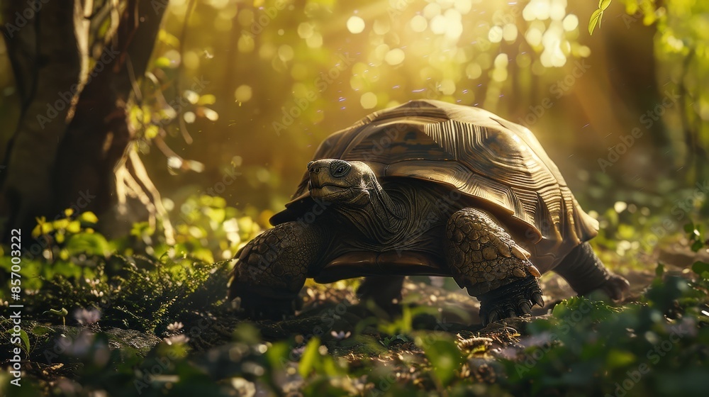 Create a scene of a wise old tortoise slowly making its way through a ...