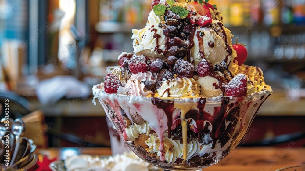 Ice cream sundaes tower in glorious extravagance, adorned with a riot ...