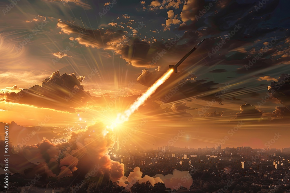 A missile defense system intercepts an incoming missile during sunset ...
