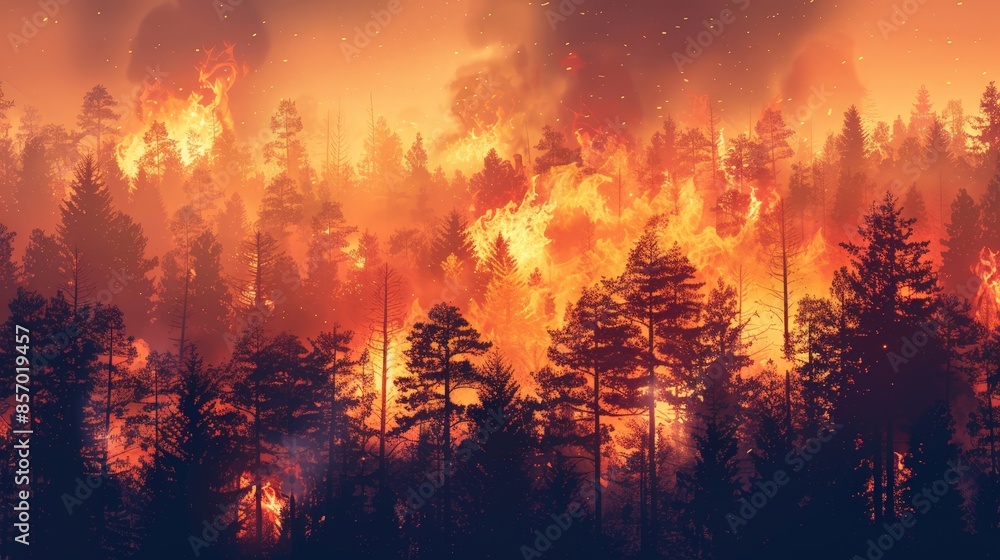 Visualize a dramatic wildfire spreading through a dense forest. Picture the intense, orange ...