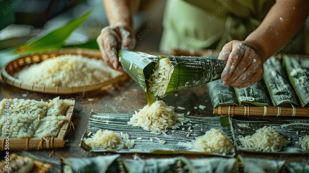 cultural food preparation, the zongzi-making tradition, folding bamboo ...