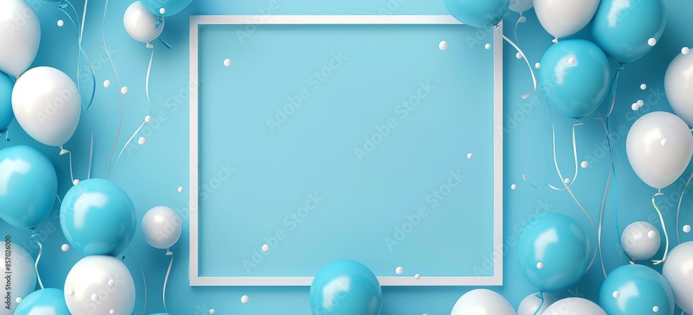 Blue and white balloon frame with confetti background for celebration ...