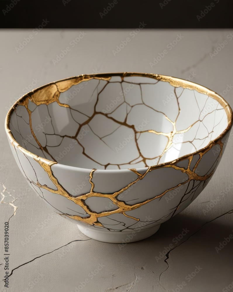 A high-quality photograph of a cracked ceramic bowl repaired with the Japanese art of Kintsugi ...