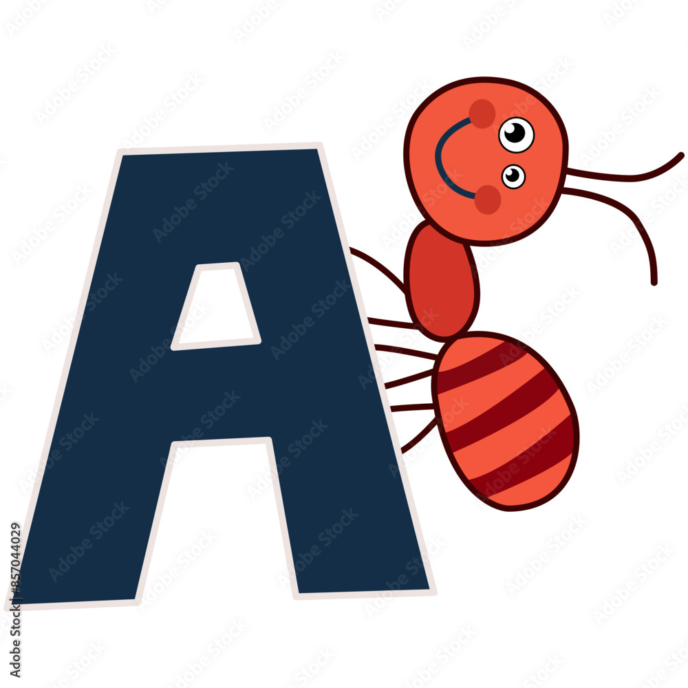 Cute children animal alphabet A letter flashcard of Fire Ant for kids ...
