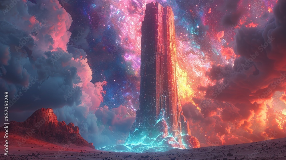 A towering spire of iridescent rock rises from a vibrant sea of ...