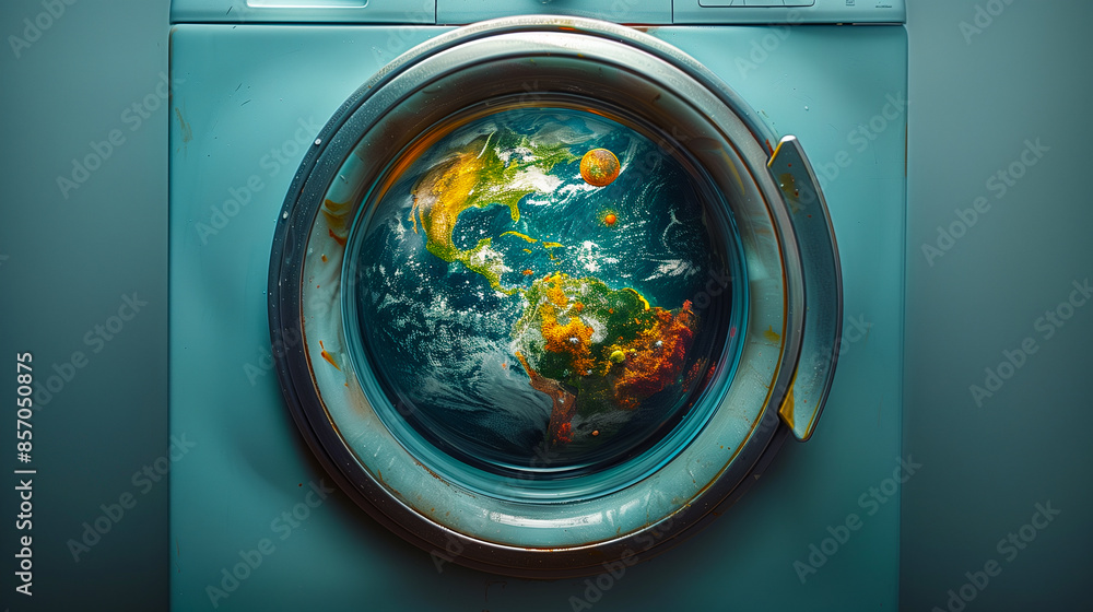 A surreal image of the Earth spinning inside a washing machine drum ...