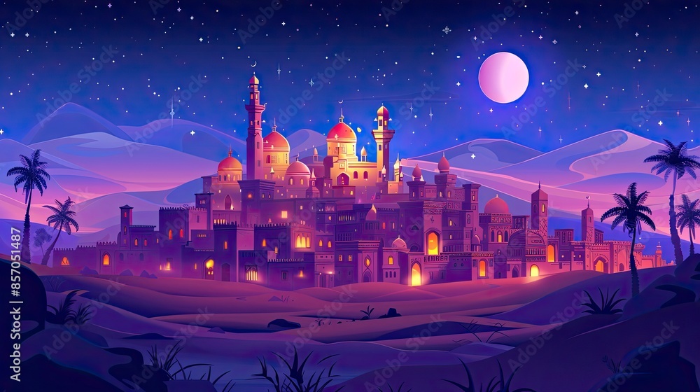 Arabian cityscape. Sunset town scenery. Mosque and house silhouettes ...