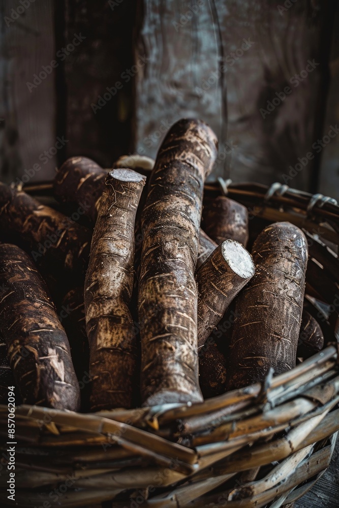 An image depicting cassava roots in a basket, with a focus on their ...