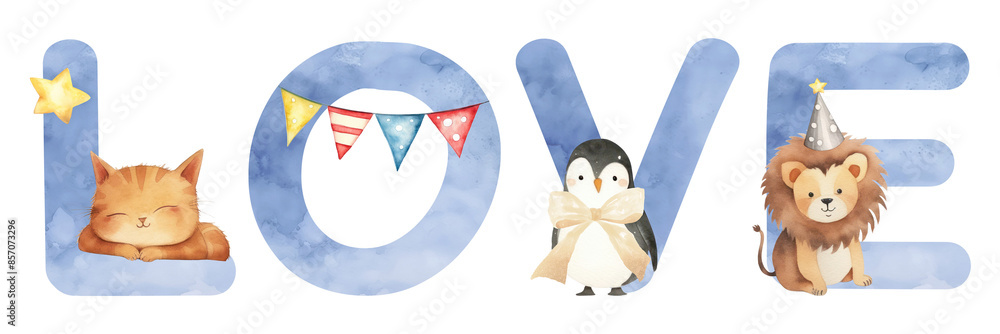 Love png word in blue watercolor alphabet, transparent background Stock ...