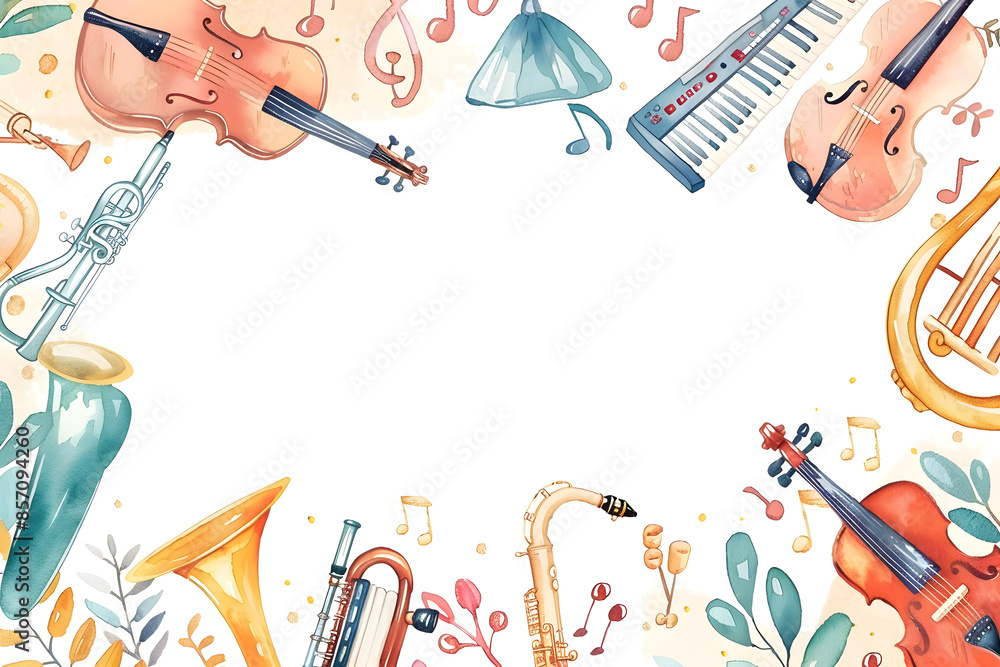 Cute cartoon music instruments frame border background in watercolor ...