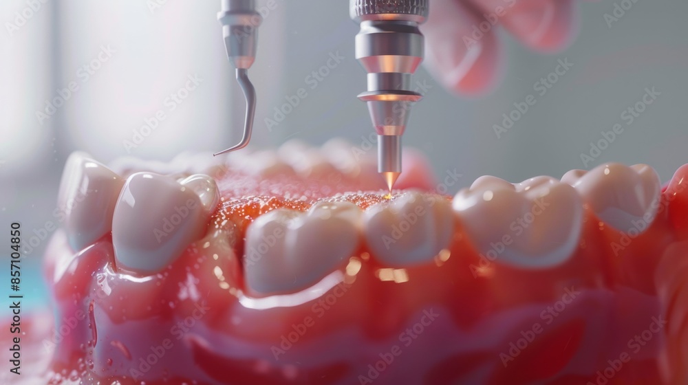 This image shows a close-up of dental tools working on a model of gums ...