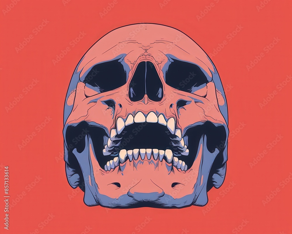 Abstract illustration of a skull with open mouth against a bold red ...