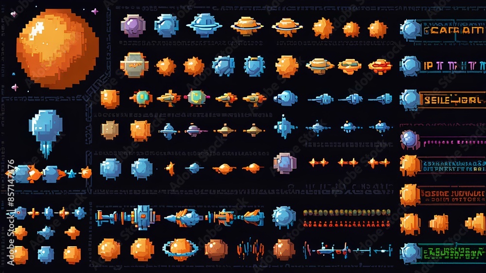 An 8bit pixel art game asset collection, featuring space planets, rockets, and starcraft ...