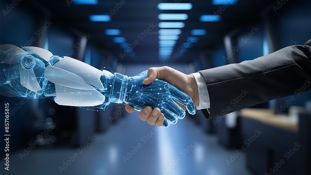 Human leader shaking hands with robot partner, demonstrating the ...