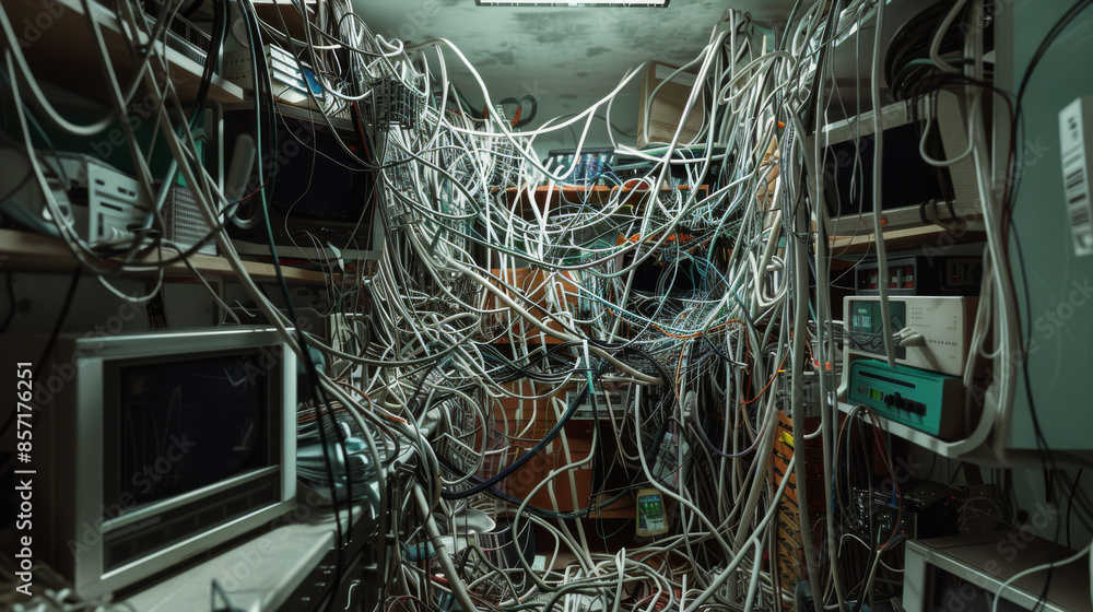 An extremely cluttered, disorganized room packed with wires and ...