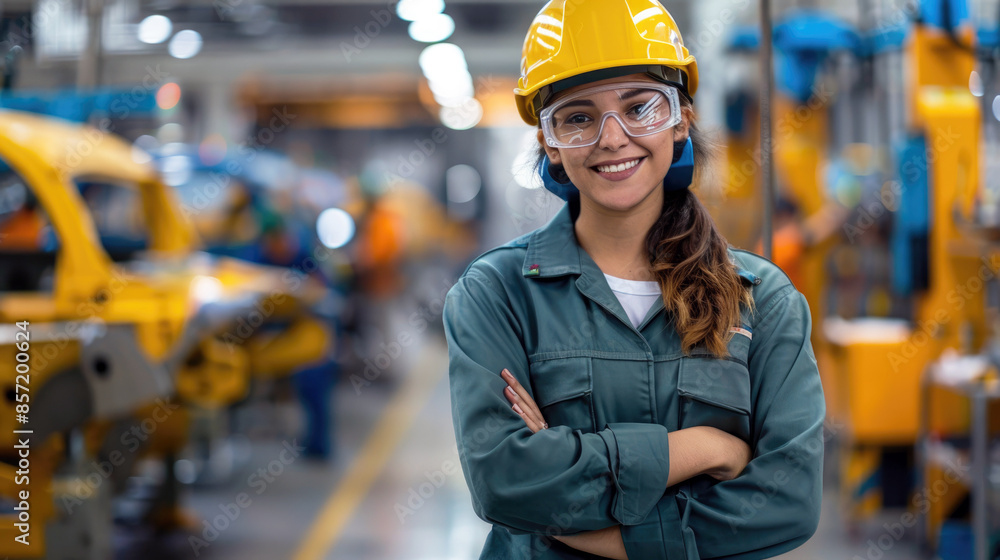 On an assembly line in the auto industry, we see a young smiling woman ...