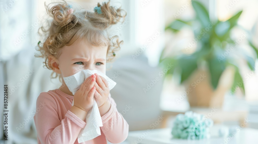 Young child with a cough and tissues, Cold symptoms, Showing the common ...