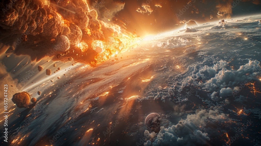Apocalyptic scene depicting a catastrophic meteor impact on Earth with ...