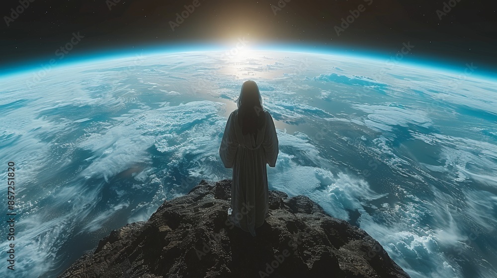 Jesus as the redeemer watching over the earth from space Stock Photo ...