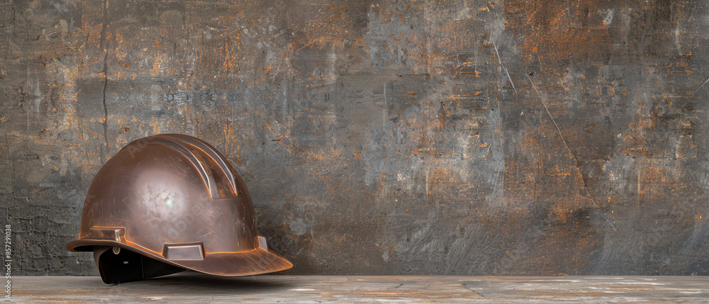 Vintage safety helmet with scratches and worn edges, set against a ...