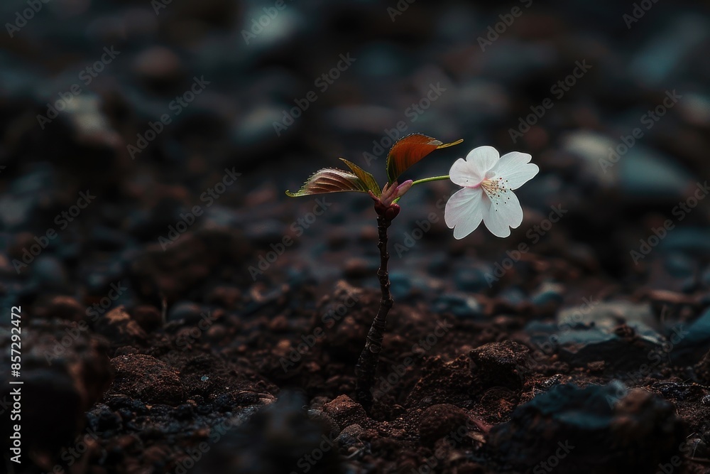 Emergence of a cherry blossom seedling from dark shaded soil with ...