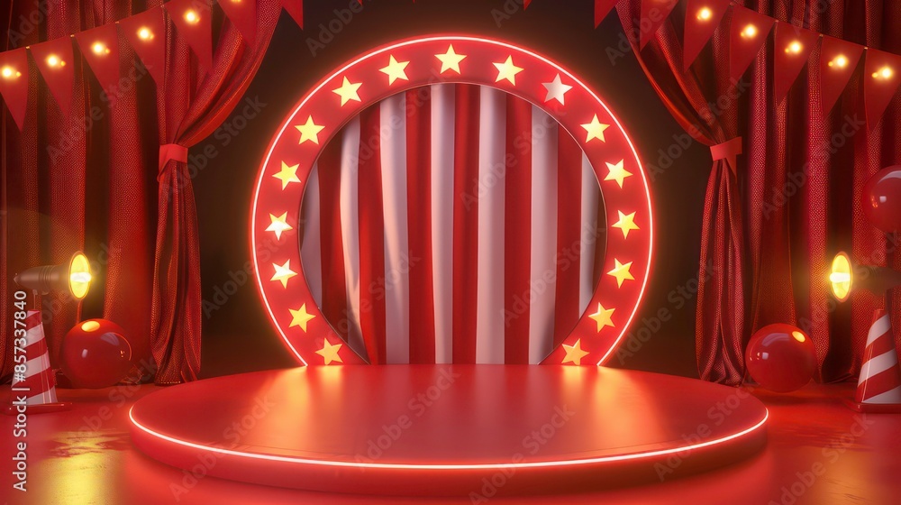 Circus stage podium background 3D carnival light red show curtain ...