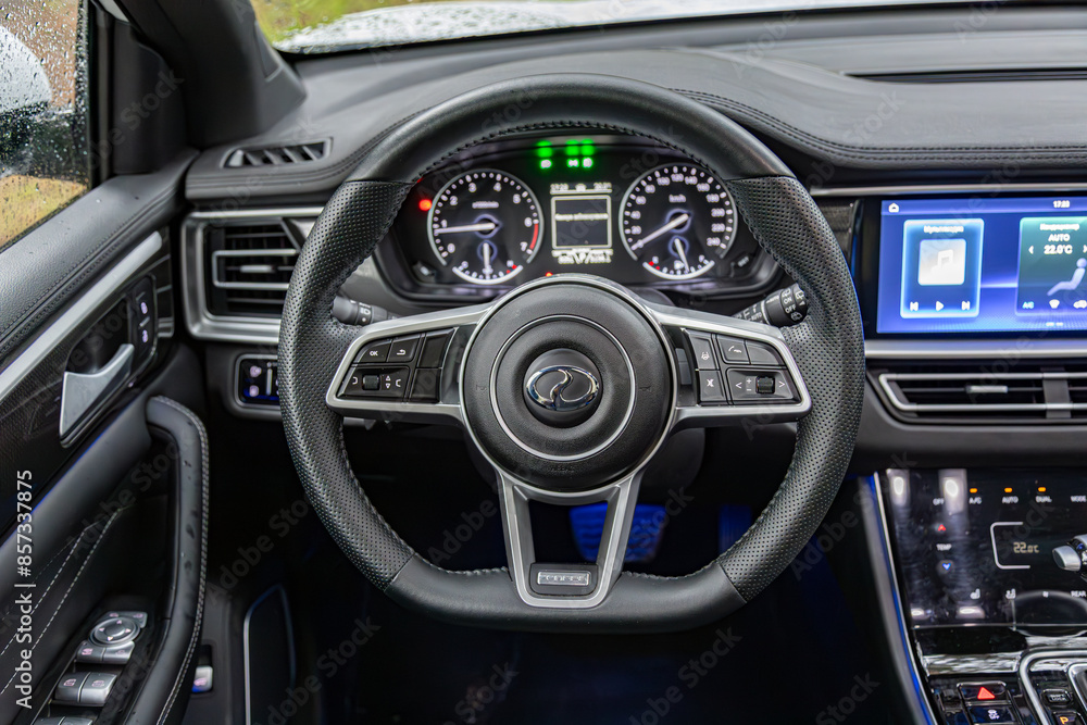 Moscow, Russia. June 2024: leather Interior of new chinese SUV Dongfeng ...