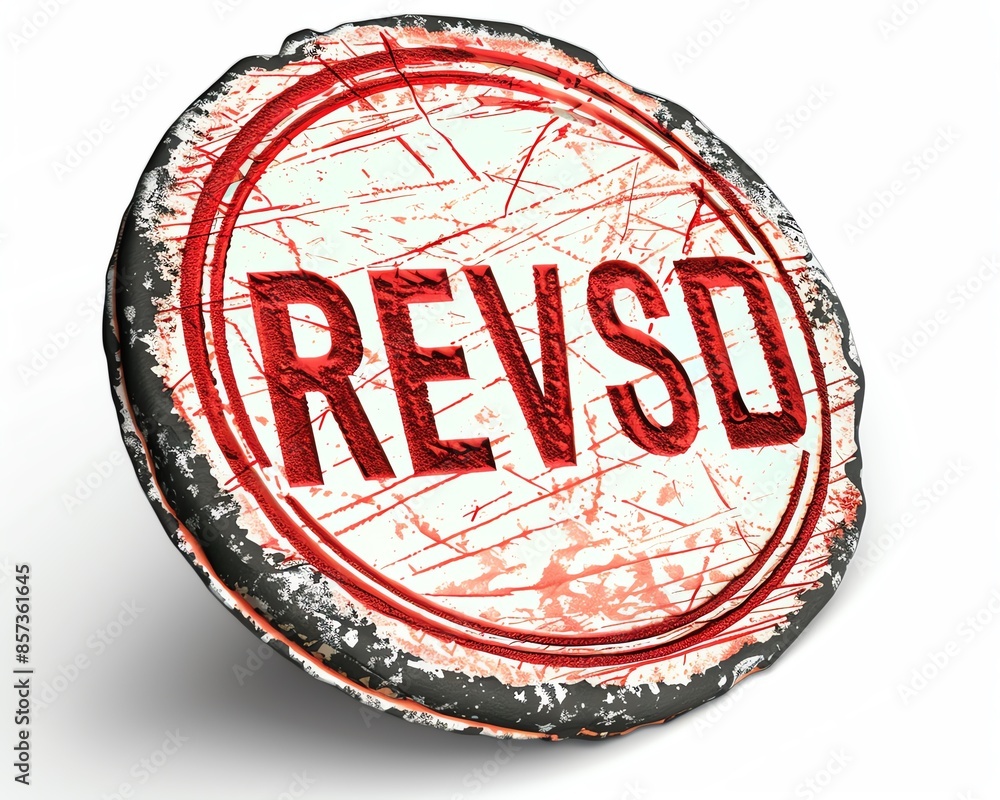 Red REVISED stamp with bold lettering, white background, Revised ...